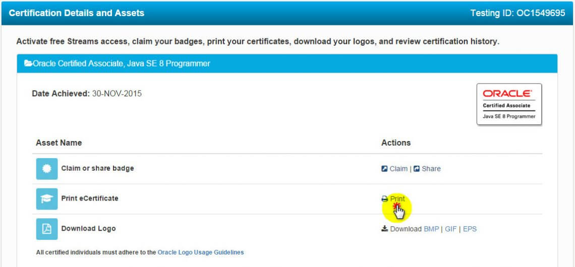 Step 8. Getting pdf and printed copy version of certificate | Java ...